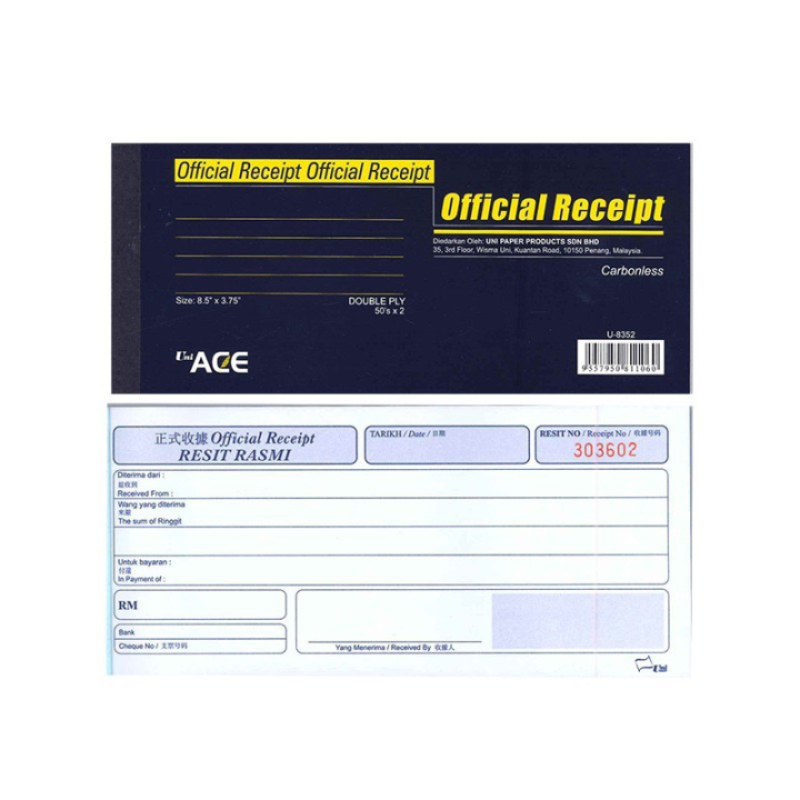 UNI Carbonless Official Receipt Book / Resit 2ply (50set) U-8352 | Lazada