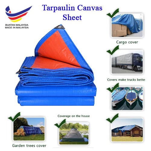 EHARDWARE ⚒ WATERPROOF TARPAULIN CANVAS SHEET (Blue / Orange) Water Resistance Flexible Sheet ...