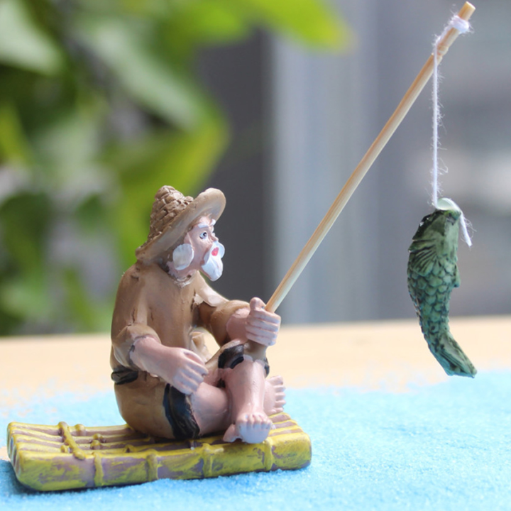 【High Quality+In Stock】Fishing Old Man Resin Figure Statue Sitting ...