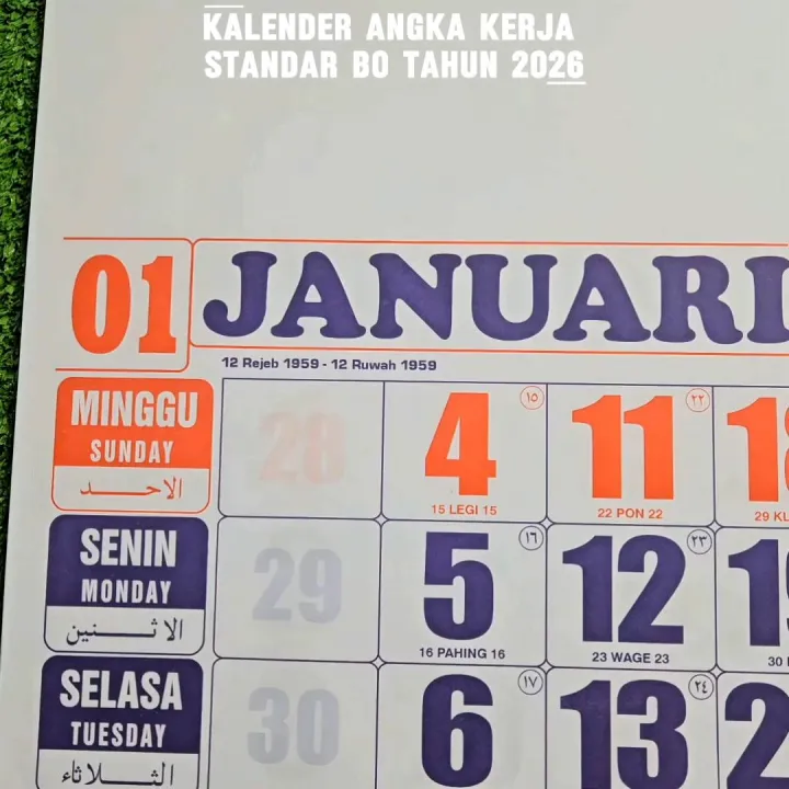 Kalender angka kerja standar BO tahun 2026 ukuran 38 cm x 54 cm (terima ...