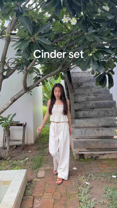 (ส่งฟรี) Cinder set เสื้อเกาะอกผ้าฝ้าย ชุดเซ็ทผู้หญิง สีขาว กางเกงเอว ...