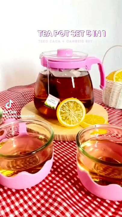 Tea Pot Set 5 in 1 Warna (1 Teko & 4 Gelas Kaca) Teapot Kaca Warna ...