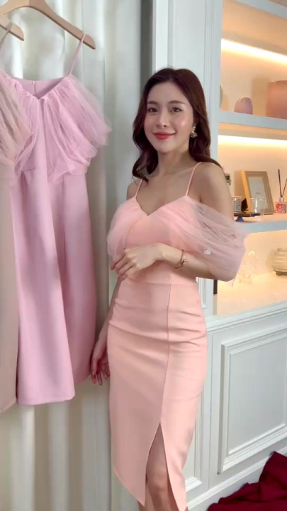 ชุดเดรส ชุดออกงาน ชุดราตรี F235 เดรสสั้นสายเดี่ยว มุ้งอ้อมแขน | Lazada.co.th