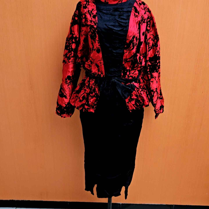 midi dress wanita hitam mix merah M cewek MEWAH lengan panjang | Lazada ...