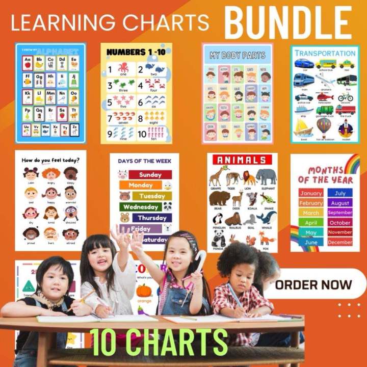 Laminated Charts Bundle 10 pcs of Educational Charts for Kids Alphabet ...