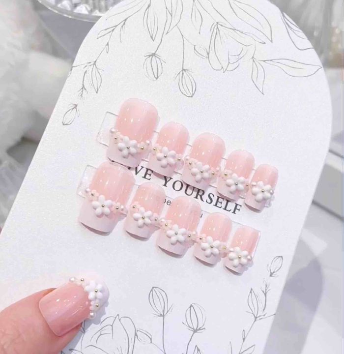 A41-24pcs New small fresh and sweet French pearl nail patch fake nails ...