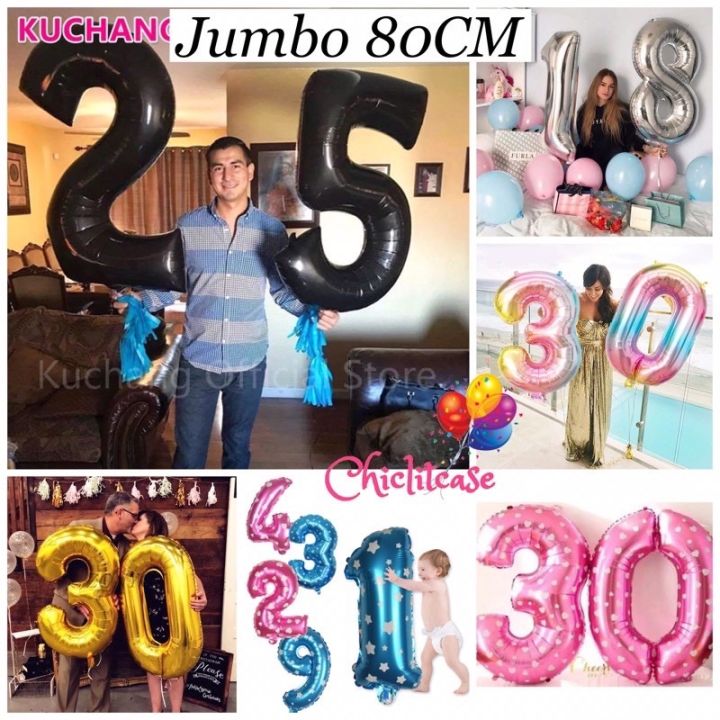 Balon foil angka jumbo 80 cm black rainbow silver pink blue gold ...