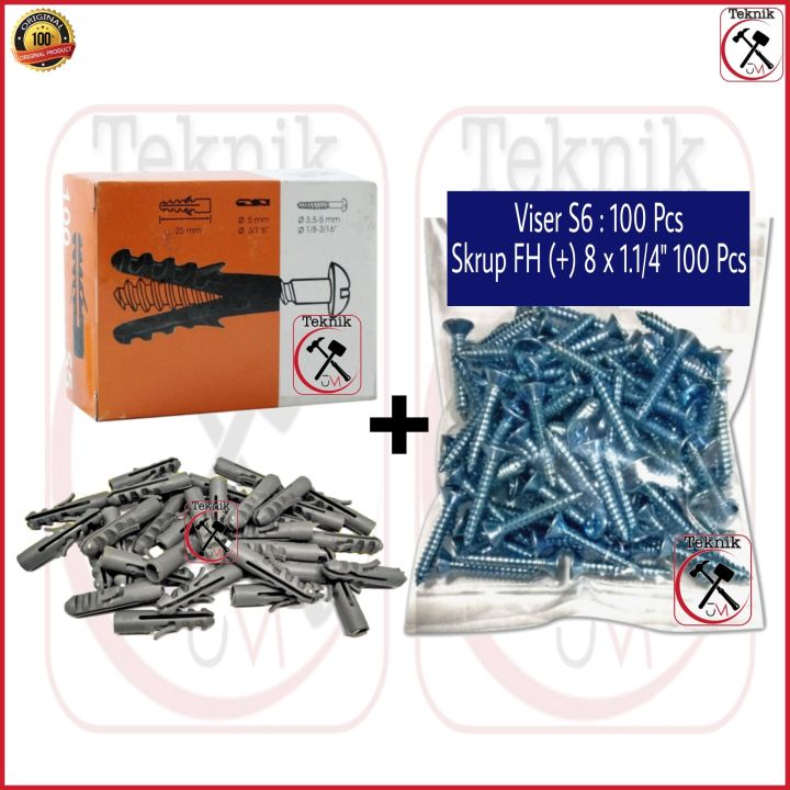 Paket Skrup Viser 1 Pack [ 100 Pcs ] Ukuran S6 FH {+} Kepala Rata - Sekrup Fisher Tembok ...