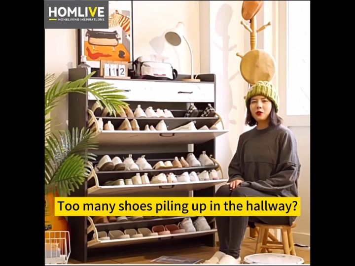 Kabinet Kasut Double Flip Shoe Cabinet Large Capacity Wood With Drawer ...