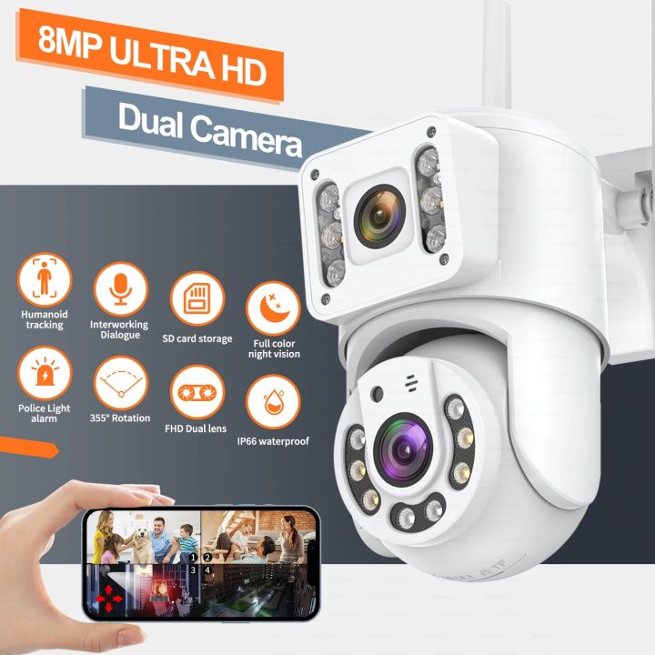 HD 8MP 4K Dual Lens IP Wifi Camera PTZ Color Night Vision Outdoor AI ...