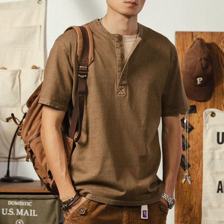 American Retro Men Henley Shirt Short Sleeve Washed Distressed T-Shirt ... American Retro Men Henley Shirt Short Sleeve Washed Distressed T-Shirt ...