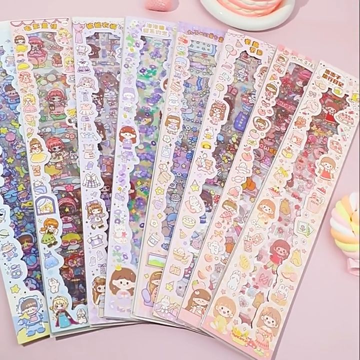 20 Pcs PET Long Strip Stickers Set With Cartoon And Paper Tape ...