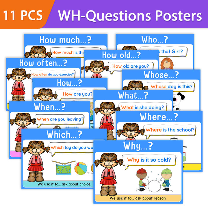 11PCS Educational Posters Chart Learning WH-Questions Words What/Who ...