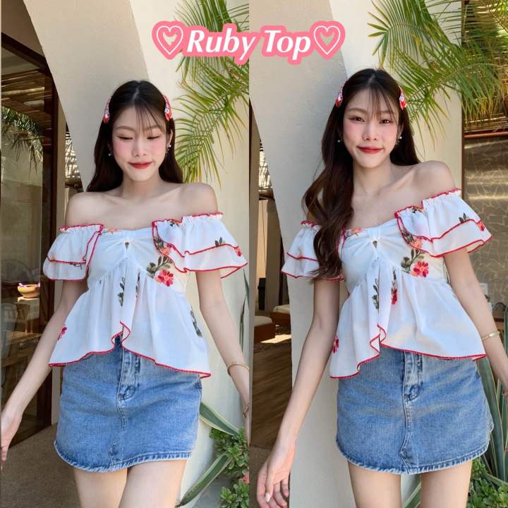 Ruby Top🐰💕เสื้อปาดไหล่แขนระบาย(ใส่ได้2แบบ) | Lazada.co.th