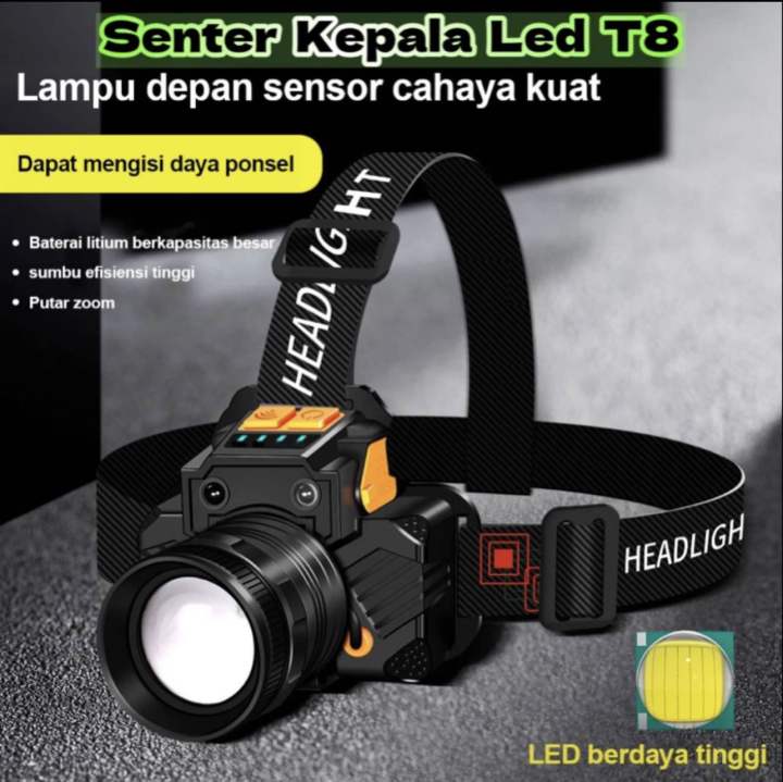 Senter Kepala Super Terang Led Glare T8 Zoom dengan Sensor dan Waterproof Tahan Air dilengkapi ...