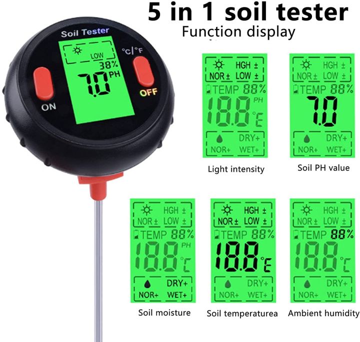 5 in 1 Soil Test Meter Digital Soil Moisture PH Temperature Light ...