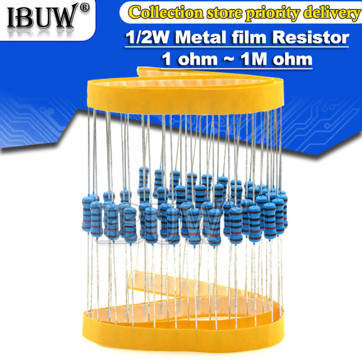 50pcs 1/2W Metal film resistor 1R~2.2M 100R 220R 330R 1K 1.5K 2.2K 3.3K ...