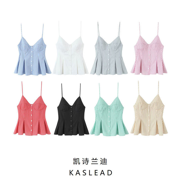 เสื้อครอปสายเดี่ยวผ้าซาตินพับแฟชั่นสำหรับผู้หญิง KASLEAD ฤดูใบไม้ผลิ ...