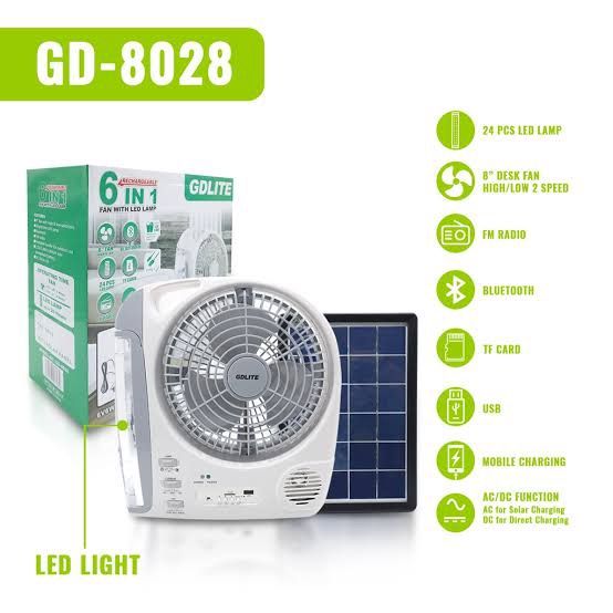 พัดลมโซล่าเซลล์ GDLite รุ่น GD-8028 พัดลมตั้งโต๊ะ(6in1) - 2 ระบบ ชาร์จไฟบ้าน , Solar Cell เป็น ...