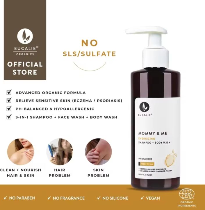 Eucalie Mommy & Me Energizing Organic Shampoo + Body Wash (Eksim, Psoriasis, Sensitif, Rambut ...