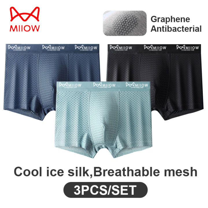 MIIOW กางเกงในชาย3ชิ้นกางเกงในผู้ชายตะแกรงผ้าไหมน้ำแข็งสำหรับฤดูร้อนกางเกงในกางเกงในระบายอากาศ ...