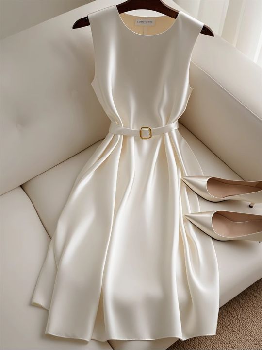 Elegant French Style White Sleeveless Dress for Women Long A-Line Skirt ...