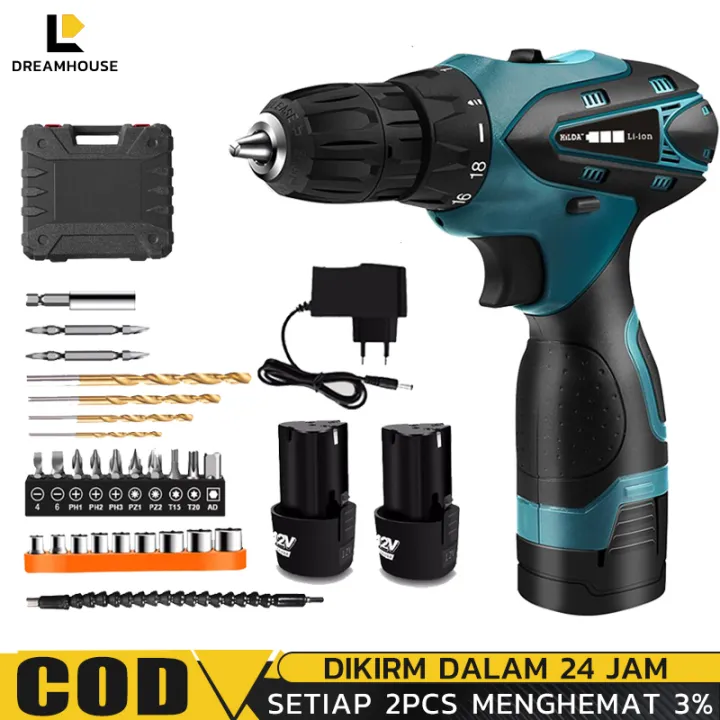Mesin Bor Cas Charger 12V Cordless Drill Set Mata Bor/bor baterai cas ...