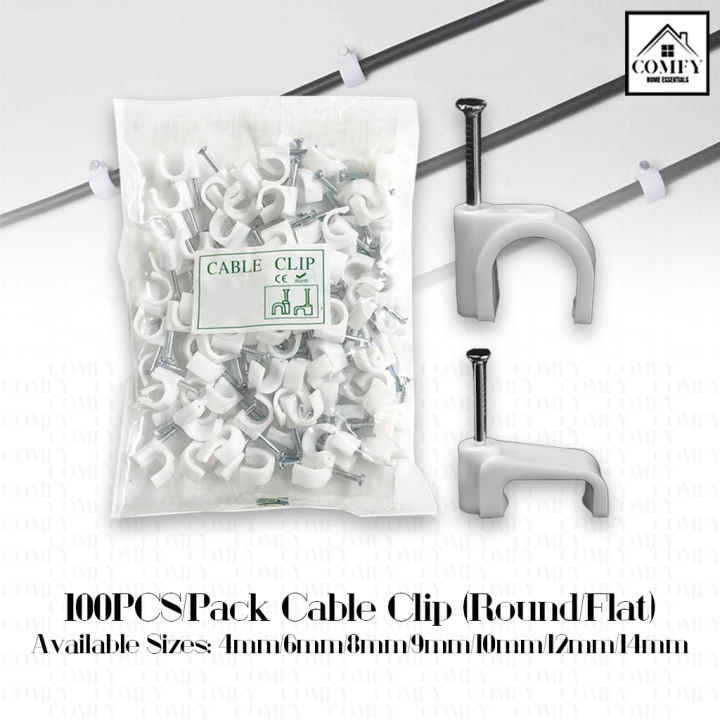 (100PCS/PACK) Cable Nail Clamp PVC Clips Ethernet LAN TV Electric Wires Organizer Round Flat ...