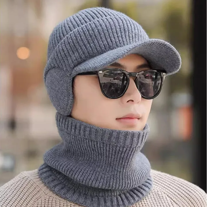 Thickened Winter Knitted Hat Men's Warm Woolen Cap with Scarf Cycling ...