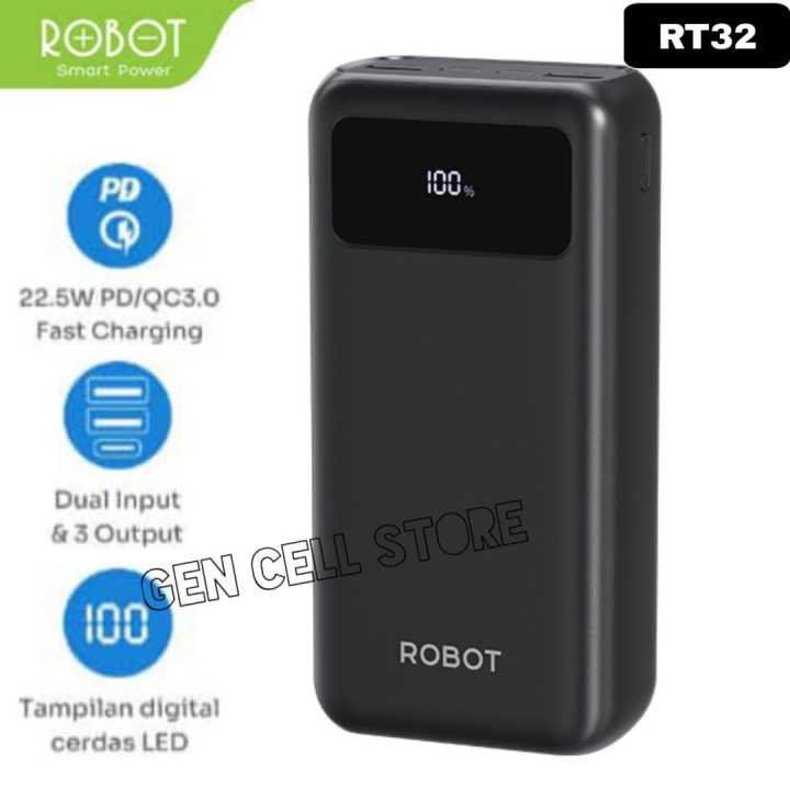 Power Bank ROBOT 30000mAh RT32 Fast Charging 22.5W PD/QC3.0 3 Output LED Display | Lazada Indonesia