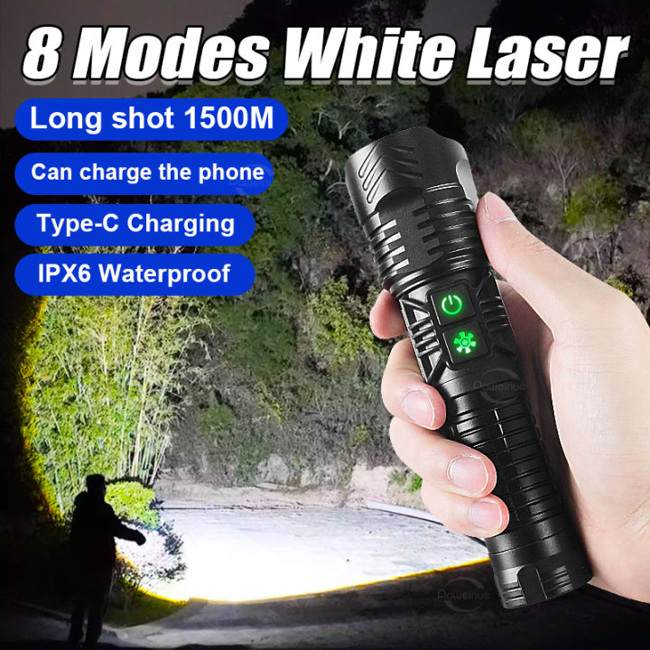 8 Modes High Power White Laser Led Flashlights Type-C Rechargeable ...