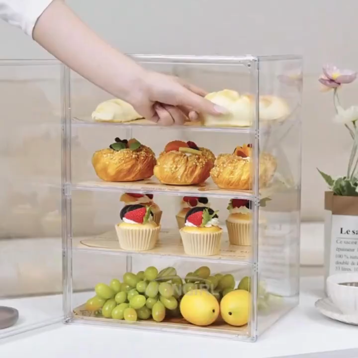 3-Layers Acrylic Display Case Cake Magnetic Dustproof Store Dessert ...