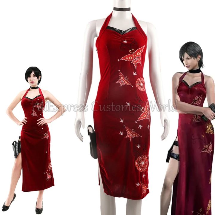 Game Evil 4 Remake Ada Wong Cosplay Costume Sex Embroidered Cheongsam Style Red Dress Women