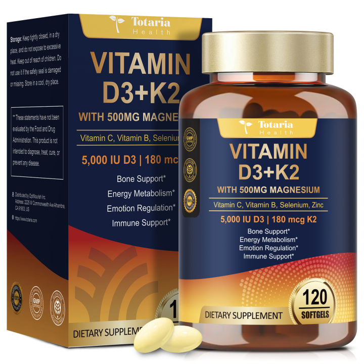 Vitamin D3 K2 5,000 IU with Magnesium Glycinate 500mg - Bone Health ...
