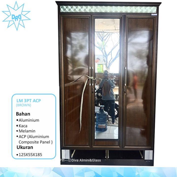 Lemari Pakaian pintu 3 alumunium full bahan ACP Urat Kayu+2 Laci frame ...