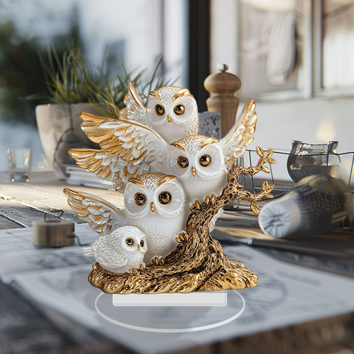 1PC Owl Family Statues 2D Flat Acrylic Figurine Home Office Cafe Room ...