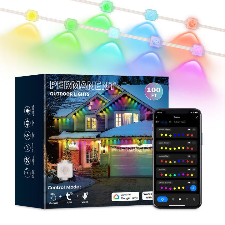 Permanent Outdoor Lights, 100ft with 60 LED Eaves Lights IP67 ...