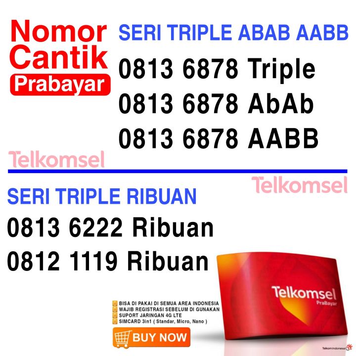 Nomor Cantik Telkomsel Simpati 4G LTE Seri 0123 6878 Triple ABAB AABB Ribuan | Lazada Indonesia