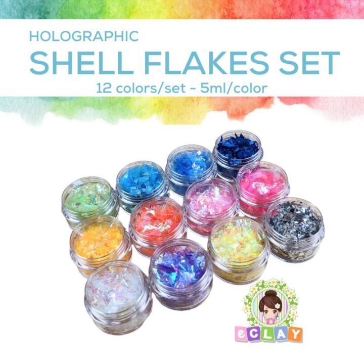 1 SET SHELL FLAKES HOLOGRAPHIC FOR RESIN, NAIL ART etc. (12colors/set ...