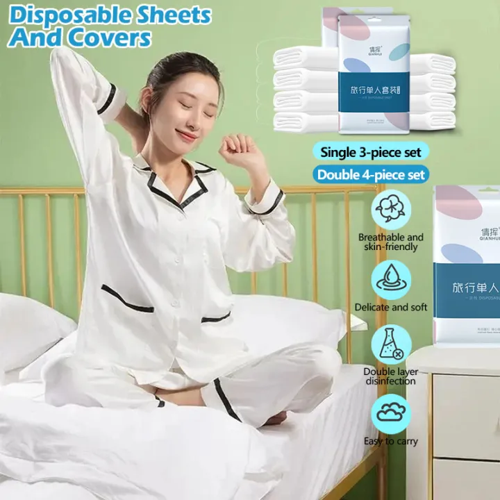 SG stock】Disposable Bed Sheet Cover Set/Travel Bedsheets Cover Eye Mask ...
