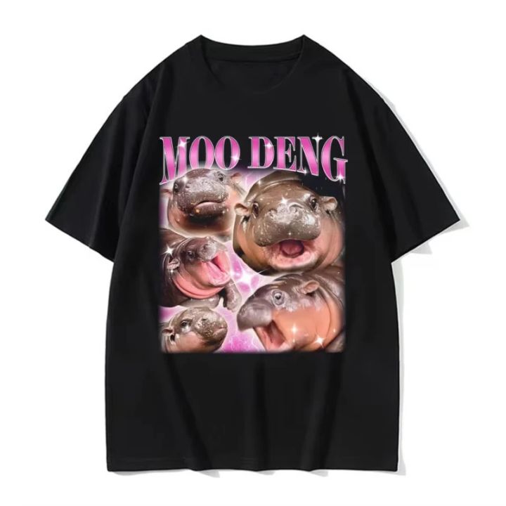 Cute Moo Deng Baby Hippo Funny Meme T Shirts Women Casual Short Sleeve ...