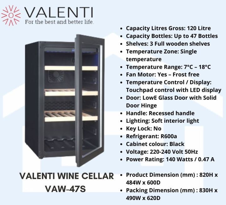 Valenti 47bot Wine Chiller with Fan Cooling System VAW47S (1yr warranty ...