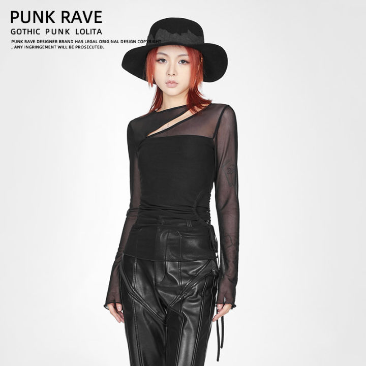 PUNKRAVE เสื้อทีเชิ้ตผ้าตาข่ายฉลุลายสไตล์พังค์เสื้อตัวในผู้หญิงเสื้อสีดำแบบใหม่ฤดูใบไม้ร่วงปี ...
