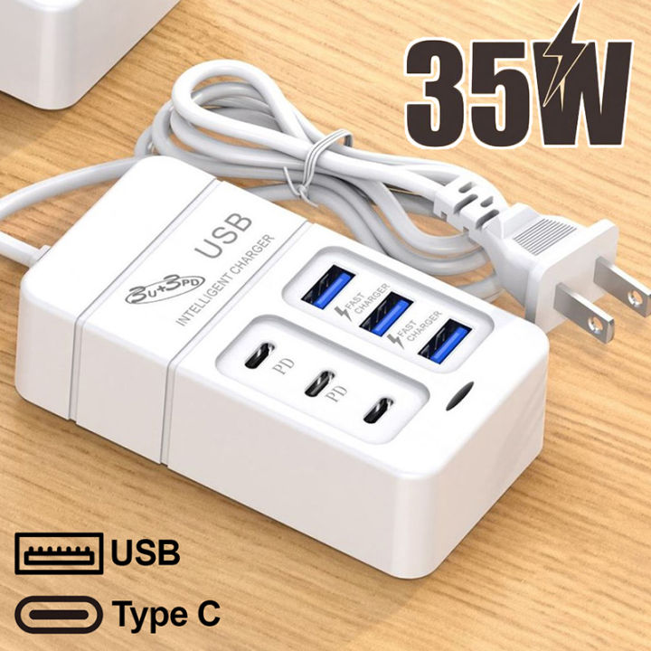 6 Ports USB Charger 35W PD Type C Fast Charge Charger Wall Phone ...