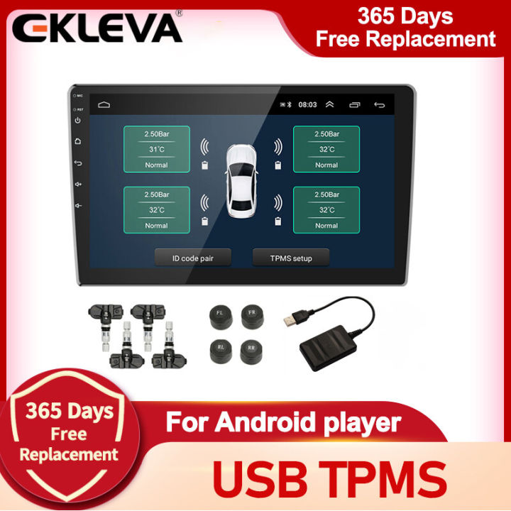EKLEVA USB Android TPMS Car Tire Pressure Monitoring System Spare Tyre Internal External Sensor ...
