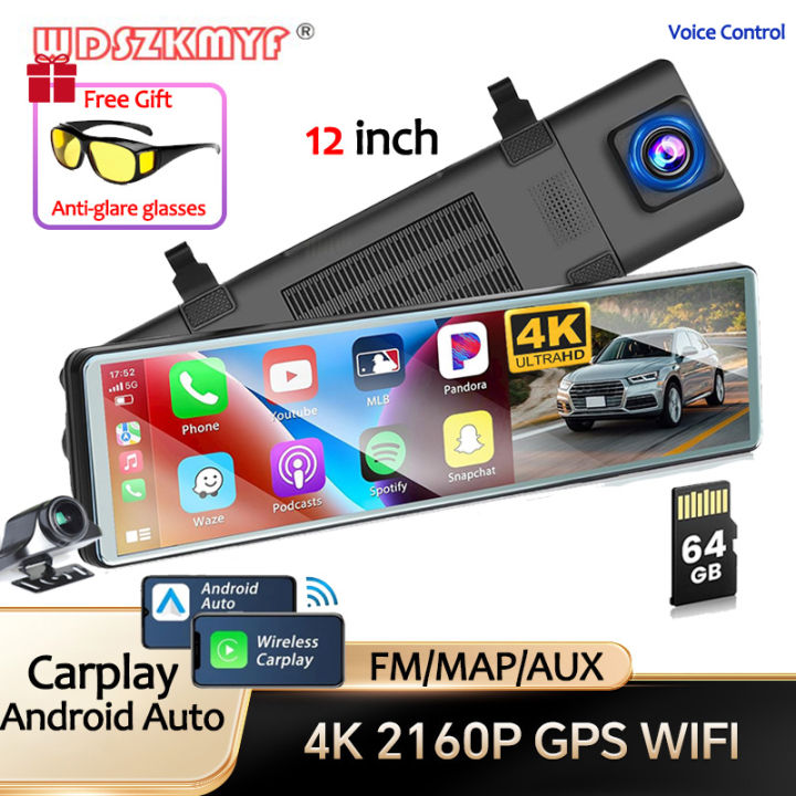 12inch Mirror Car DVR 4K Front and Rear Camera Wireless Carplay Android ...
