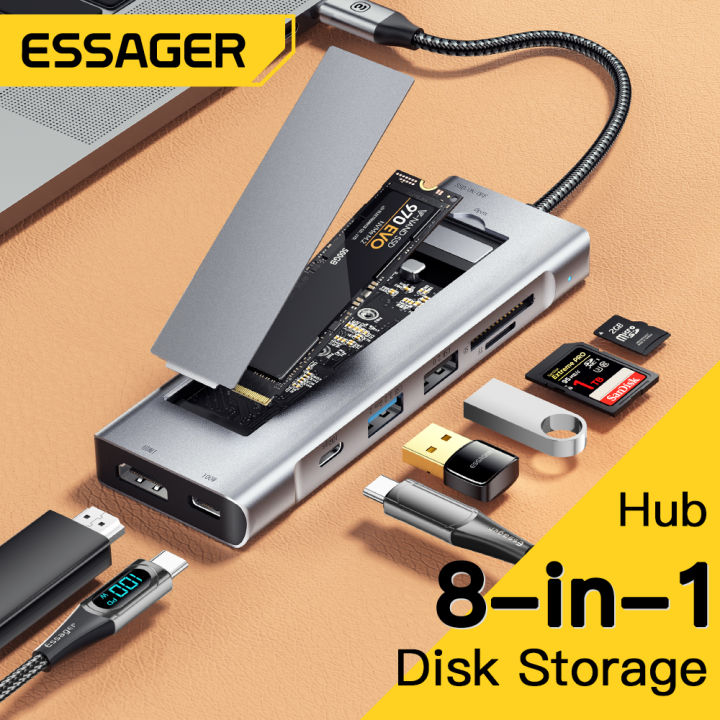 Essager ฮับ USB3.0 8-In-1พร้อมฟังก์ชันจัดเก็บดิสก์ USB Type-C ไปยัง HDMI 4K ที่รองรับแท่นวาง ...