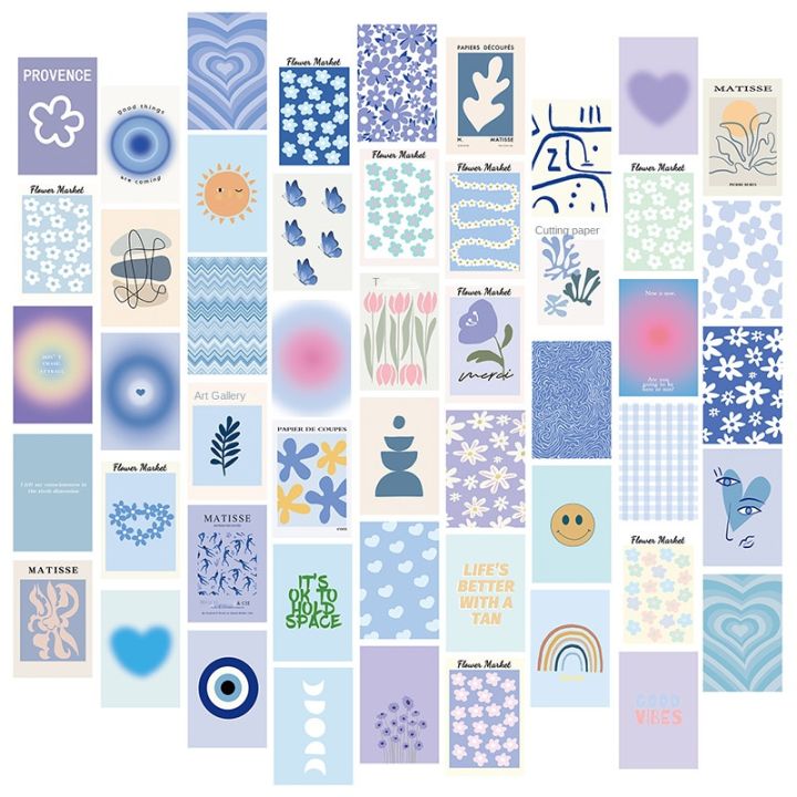 Minimalist Wall Art for Blue Room Decor Aesthetic, 50pcs Danish Pastel Wall Collage Kit ...