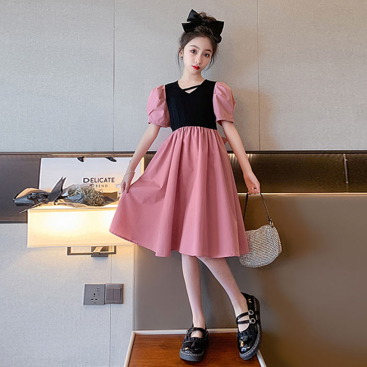 Melo Girls' Dress Summer 2025 New Children's Bubble Sleeves Black Pink ...