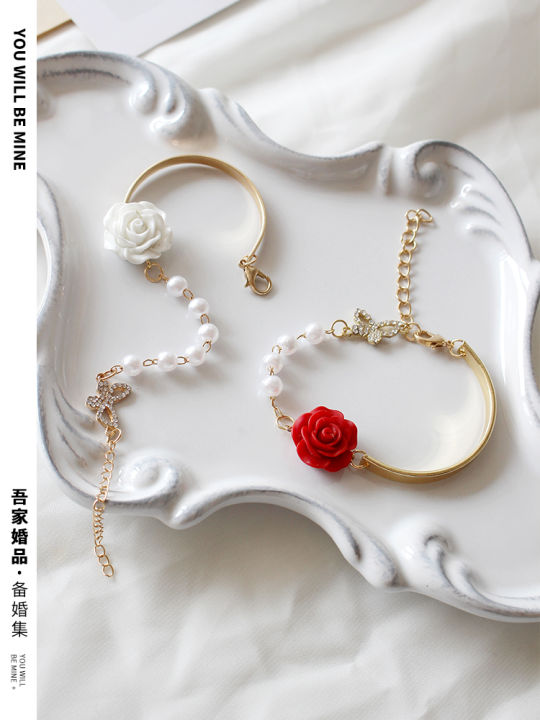 Wedding Pearl Flower Bracelet Women's High-End Sensation Red And White ...